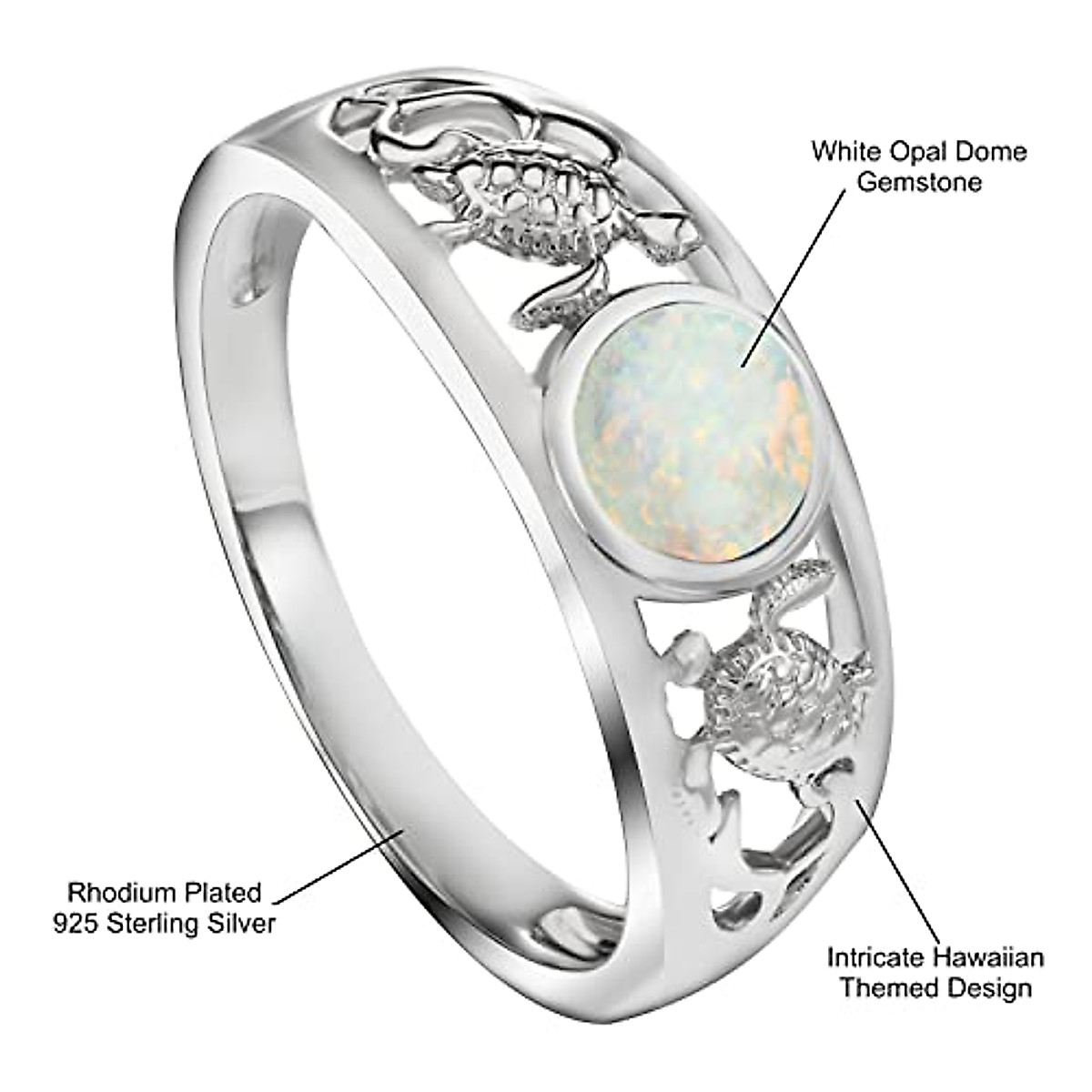 Sterling Silver Opal Two Sea Turtles Tapered Wedding Ring Eternity Band for Women, Hawaiian Island Tropical Ocean Jewelry Gemstone, Gift Box Included (White Opal, 8)