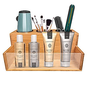 Hair Tool Organizer Bamboo and Acrylic Hair Accessories Hot Tool Holder, Wall Mount, Vanity Organization or Bathroom Sink Organizer for a Hair Dryer, Curling Iron, Flat iron, Brushes and Hair Products