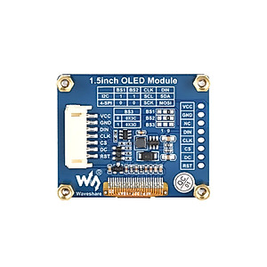 Waveshare 1.5inch OLED Display Module 128x128 Pixels 16-bit Grey Level with Embedded Controller Communicating via SPI or I2C Interface.