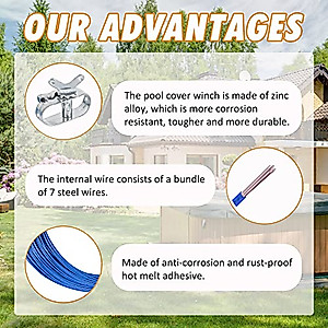 Pool Cover Winch and Cable, 102ft Winterize Pool Closing Kit Pool Cable and Winch, Heavy-Duty Pool Cover Wire and Winch, Pool Cover Cable & Ratchet Kit for Above Ground Swimming Pool Winter Cover-Blue