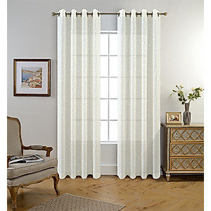 MIUCO Floral Embroidered Semi Sheer Curtains Faux Linen Grommet Curtains for Girls Room 52 x 84 Inch Set of 2, Off White