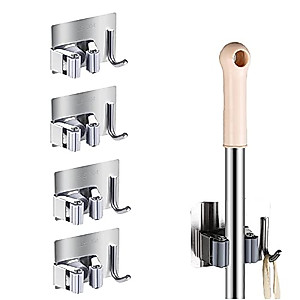 Adhiper Stainless steel heavy-duty wall-mounted broom and mop rack with hooks, mop rack and broom rack storage rack, suitable for bathroom, kitchen, room, hotel (4 pcs/silver)