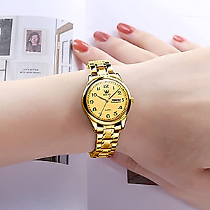 OLEVS Women's Gold Watches Small Wrist Quartz Watches for Women Yellow Gold Face Stainless Steel Bracelet Big Arabic Numerals Women Watches with Day and Date Casual Watches for Women Relojes De Mujer