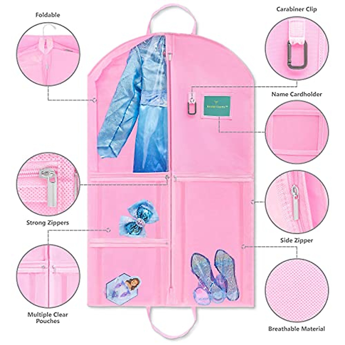 Waterproof Hanging Garment Bag 40 inch Clothes Bag with Gusset, 5 Pockets & Side Zip for Dance Costumes, Sports, Skating, Theatre, Beauty Pageants, Cheer & More by Kendall Country, Cotton Candy Pink