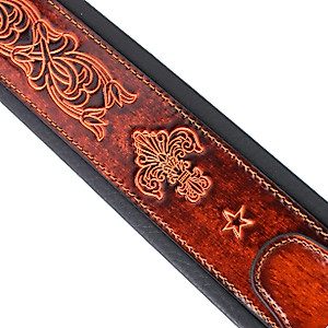 Walker And Williams GB-22 Bourbon Brown Padded Guitar Strap with Fleur De Lis & French Chain Design For Acoustic, Electric, And Bass Guitars