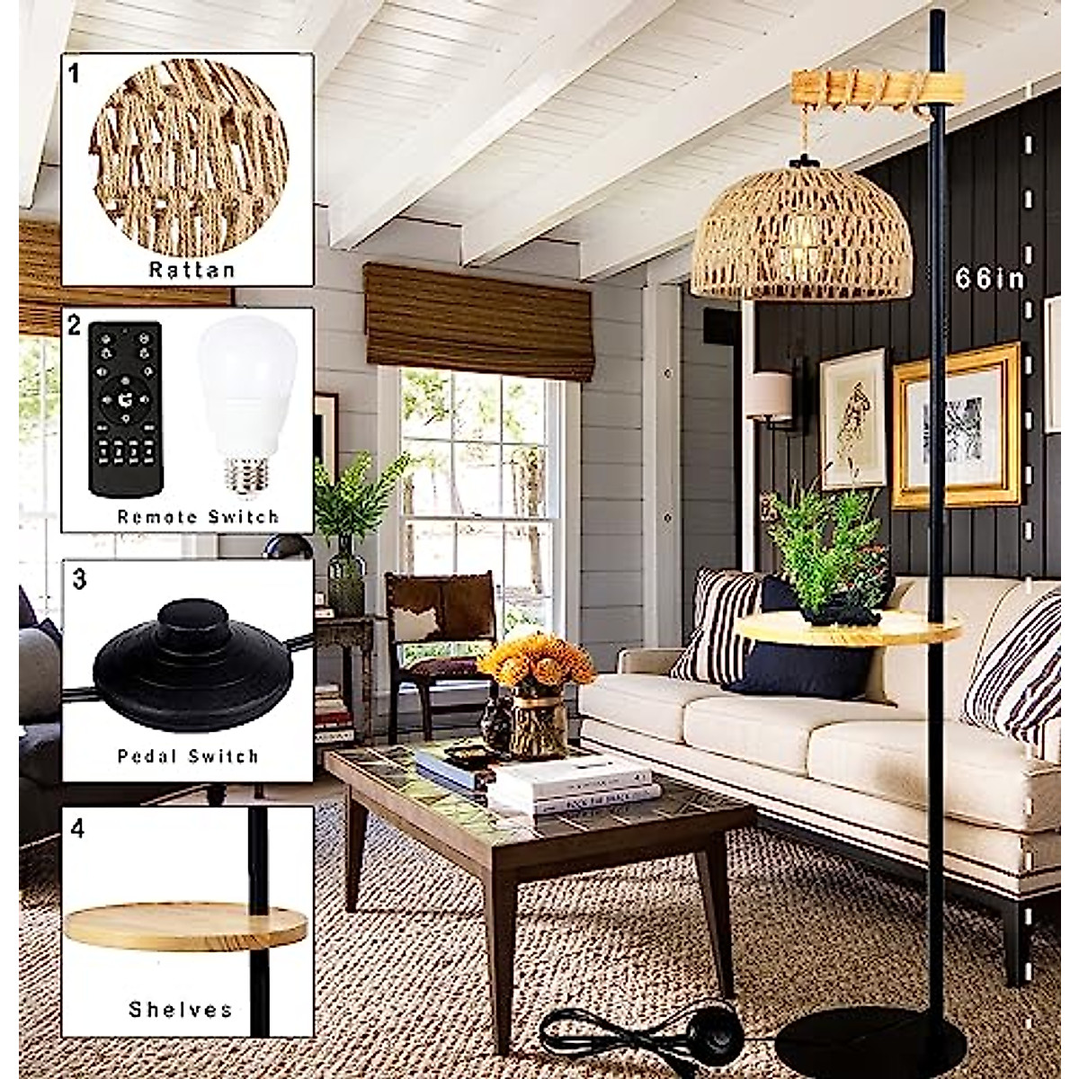 QIYIZM Floor Lamp with Table and Shelves for Living Room Bedroom Rattan Shelf Floor Lamps with Remote Boho Dimmable Standing Lamp Wicker Bamboo Wood Farmhouse Black Tall Lamp Rustic Floor Light
