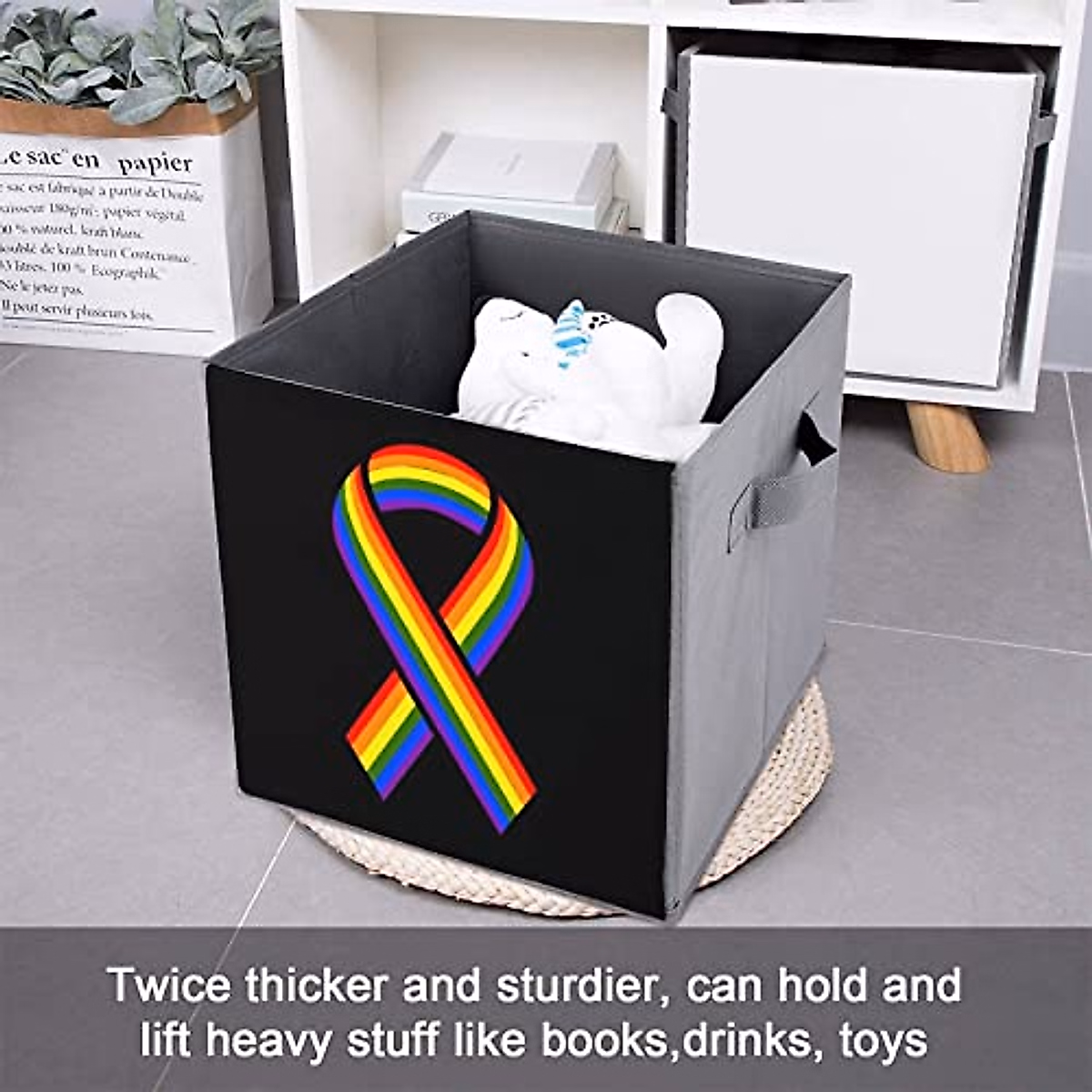Gay Pride LGBT Awareness Ribbon Collapsible Storage Bins Basics Folding Fabric Storage Cubes Organizer Boxes with Handles