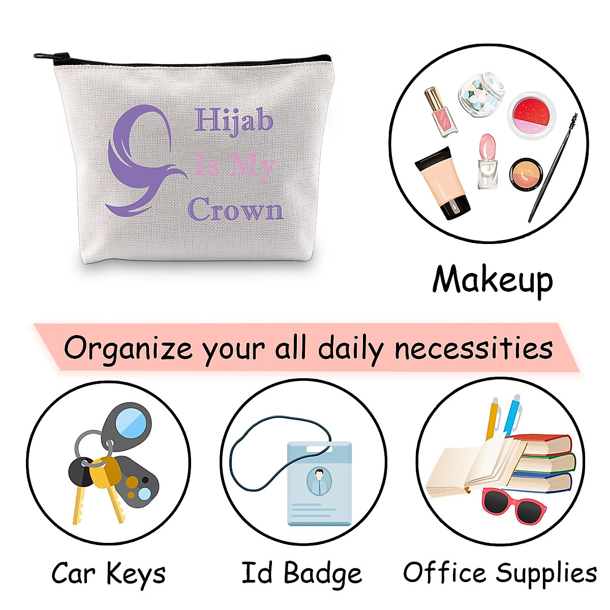 JXGZSO Islamic Religion Gift Hijab Is My Crown Cosmetic Organizer Muslim Women Make Up Bag Hijab Themed Gift