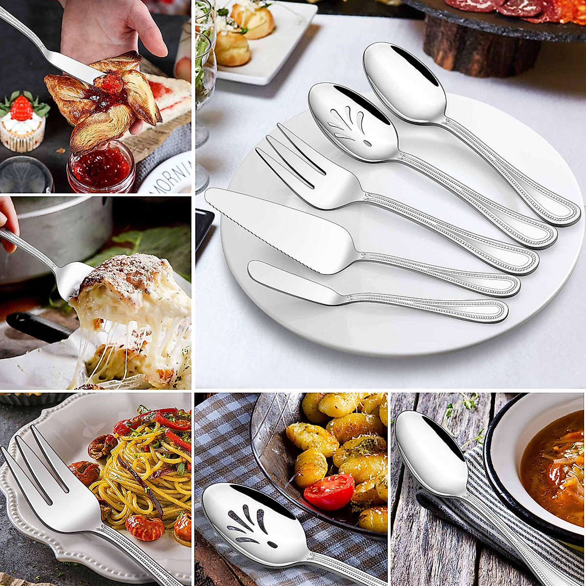 Homikit 77-Piece Silverware Set with Steak Knives and Serving Utensils, Stainless Steel Flatware Cutlery Set for 12, Modern Eating Utensil Tableware Sets with Pearled Edge, Include Knife Spoon Fork