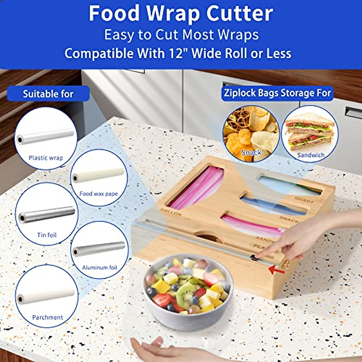 AITEE 2 in 1 Bag Storage and Foil Organizer, Plastic Wrap Dispenser with Cutter for Kitchen Drawer, Bamboo Wood Food Bag Storage Organizer for Gallon, Slider Quart, Sandwich and Snack