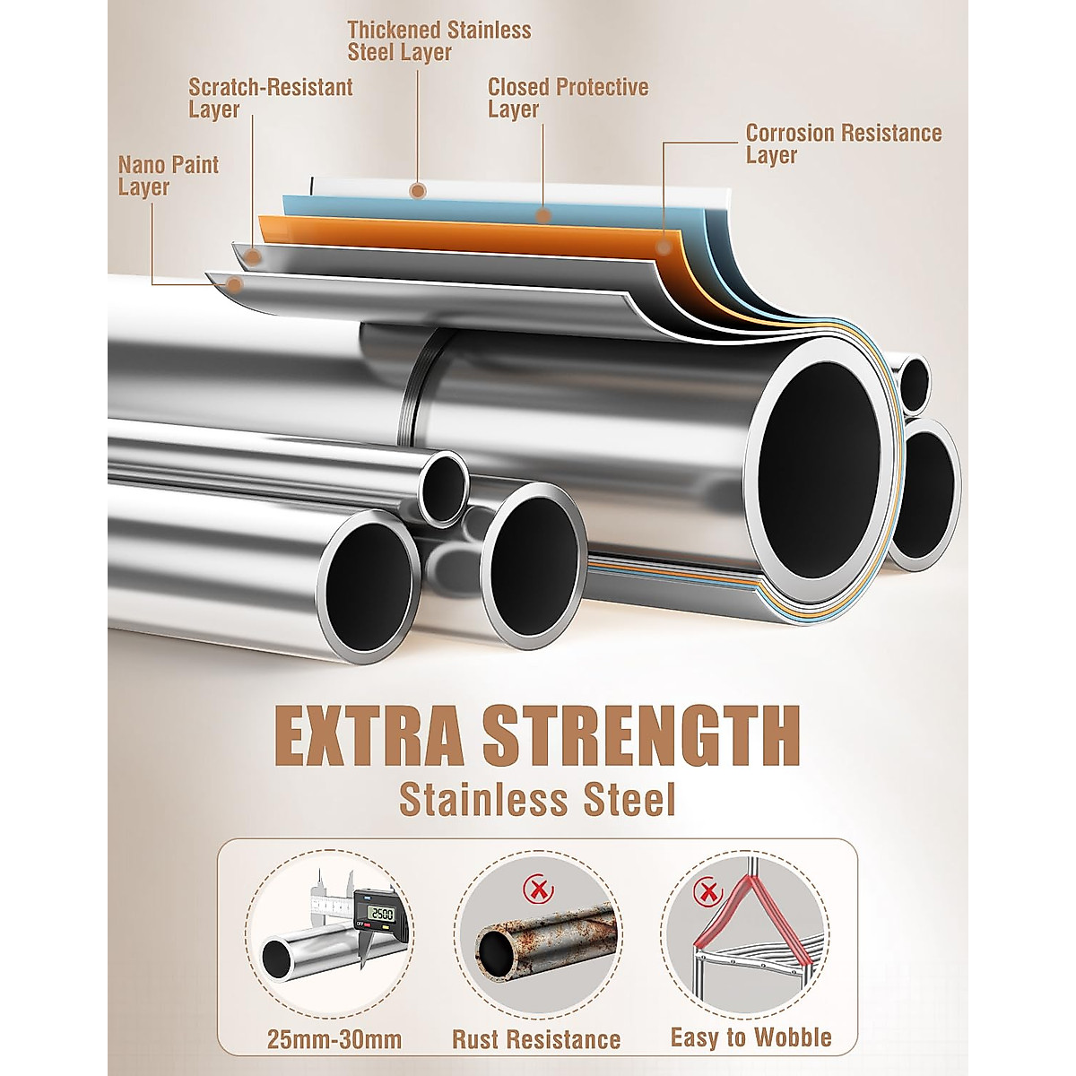 100% Stainless Steel Clothing Rack Load 760LBS, Ultra-Stable Heavy Duty Clothes Rack W/ Reinforced Rubber Ring, Extendable Adjustable Rolling Garment Racks W/ Sturdy Wheel for Portable Hanging Clothes