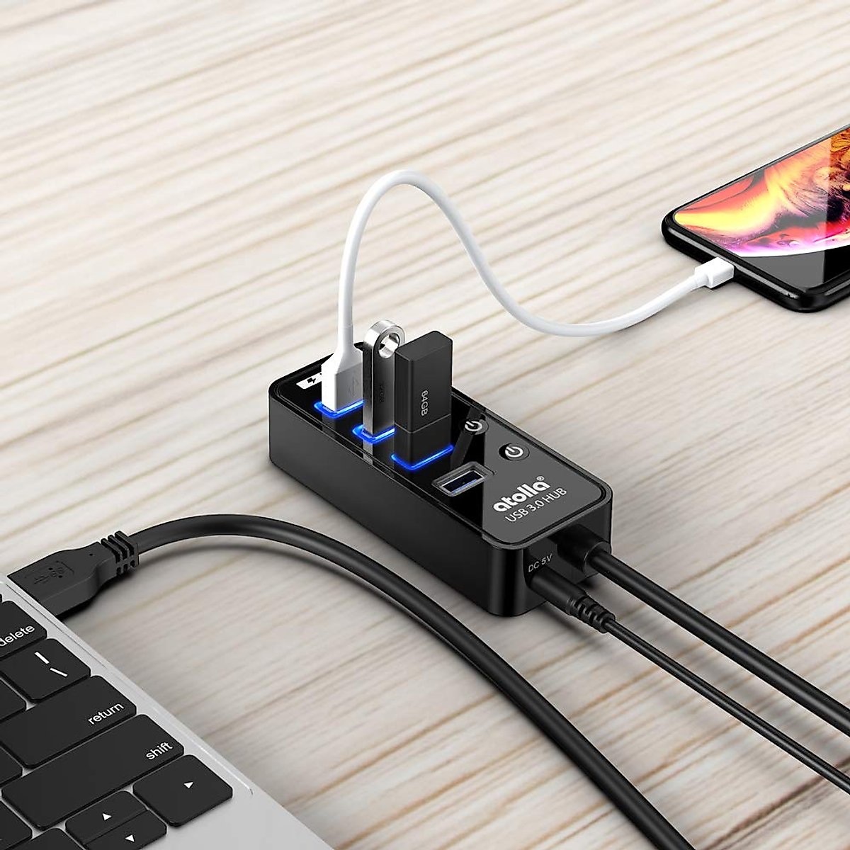 Powered USB Hub Long Cord, atolla USB 3.0 Hub 4 + 1 Data Transfer and Charging Multiport with Power Supply Adapter 15W (5V/3A) and 3.3ft Meter USB 3 Extension Cable