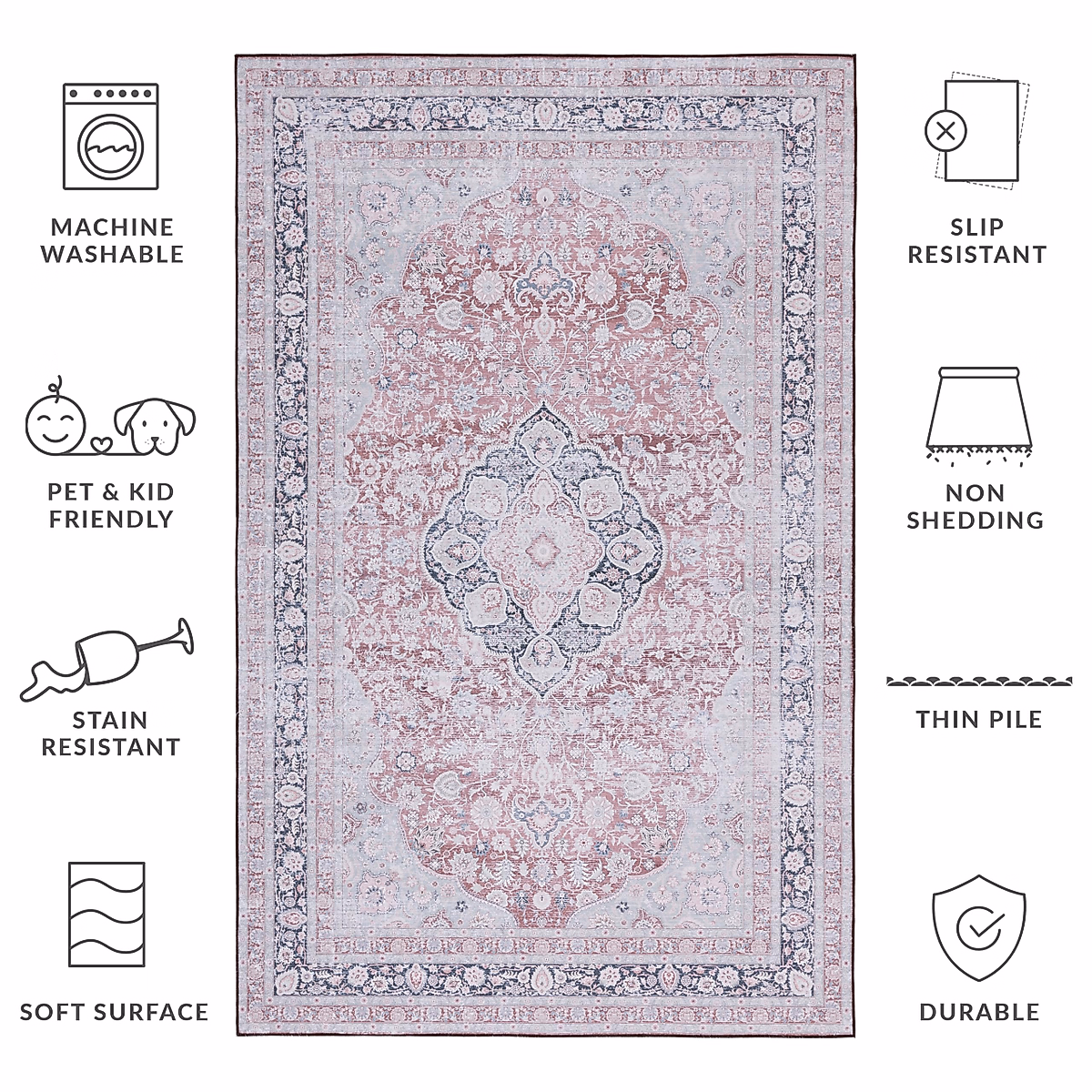 SAFAVIEH Tucson Collection Area Rug - 6' x 9', Rust & Sage, Persian Medallion Design, Non-Shedding Machine Washable & Slip Resistant Ideal for High Traffic Areas in Living Room, Bedroom (TSN191P)