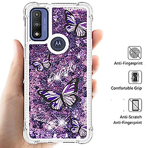 CAIYUNL for Moto G Pure Case, Moto G Power 2022 Case with Glass Screen Protector, Women Girls Glitter Bling Floating Liquid Sparkle Cute Soft TPU Protective Phone for Motorola G Pure -Purple Butterfly