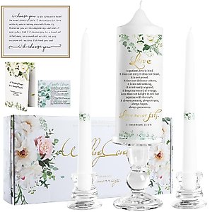 Extrogif 3 Unity Wedding Candles Set with Candle Holder for Ceremony Set, Glass Candlesticks and Pillar Taper Candles - Catholic Bible Religious Weddings Accessories