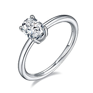 TwoBirch 1 Carat Moissanite Oval Solitaire in Platinum Plated Sterling Silver (CERTIFIED)(Size 9)