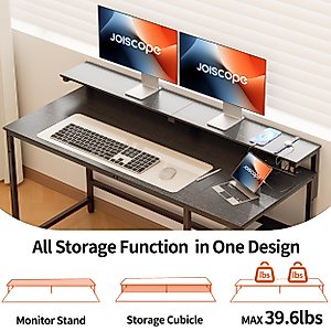 JOISCOPE Home Office Desk with Power Outlets (3AC, USB, Type-C), 60 × 20 Inch Computer Desk with Reversible Shelves, Laptop Table with Display Riser, Gaming Study Drafting Table for Bedroom, Black
