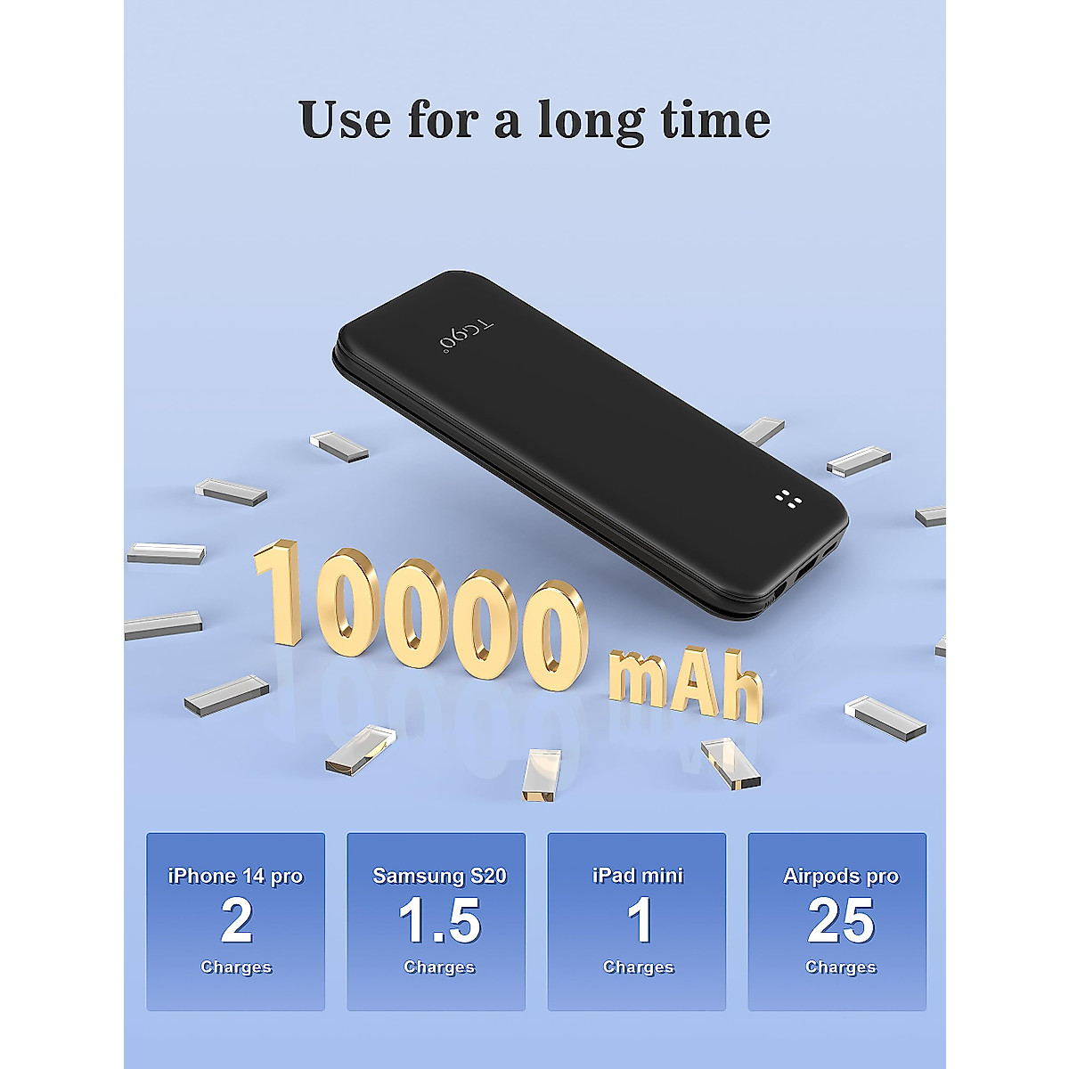 TG90° 10000mah Portable Charger with Built-in Cable, Ultra Slim Power Bank Portable Phone Battery Pack Charger Compatible with iPhone 14/14 Pro/13/13 Pro/12/12 Pro/11/11 Pro/X/XS/SE and More
