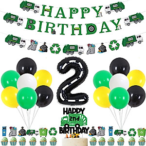 Garbage Truck 2nd Birthday Party Decorations Trash Truck Happy Birthday Banner Garland Cake Topper Cupcake Toppers for Waste Management Birthday Party Decor Supplies