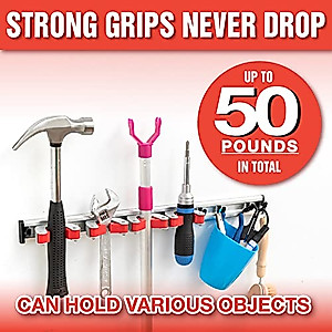 20" Broom Holder Wall Mount - 4 Sliding Broom Hangers and 5 Mop Holders, Moveable Wall Hanging Organizer for Garage, Restaurant, Kitchen and Laundry Room, Perfect for Cleaning Supplies.