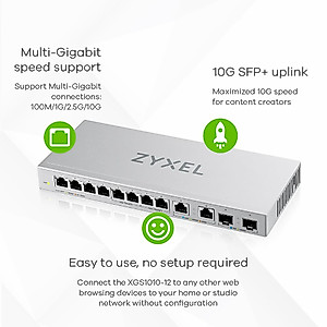Zyxel 12-Port Multi-Gigabit Ethernet Unmanaged Switch | 2 x 2.5G | 2 x 10G SFP+ Fiber | 8 x GbE Ports | Plug & Play | Desktop or Wall-Mount | Ethernet Splitter | Limited XGS1010-12