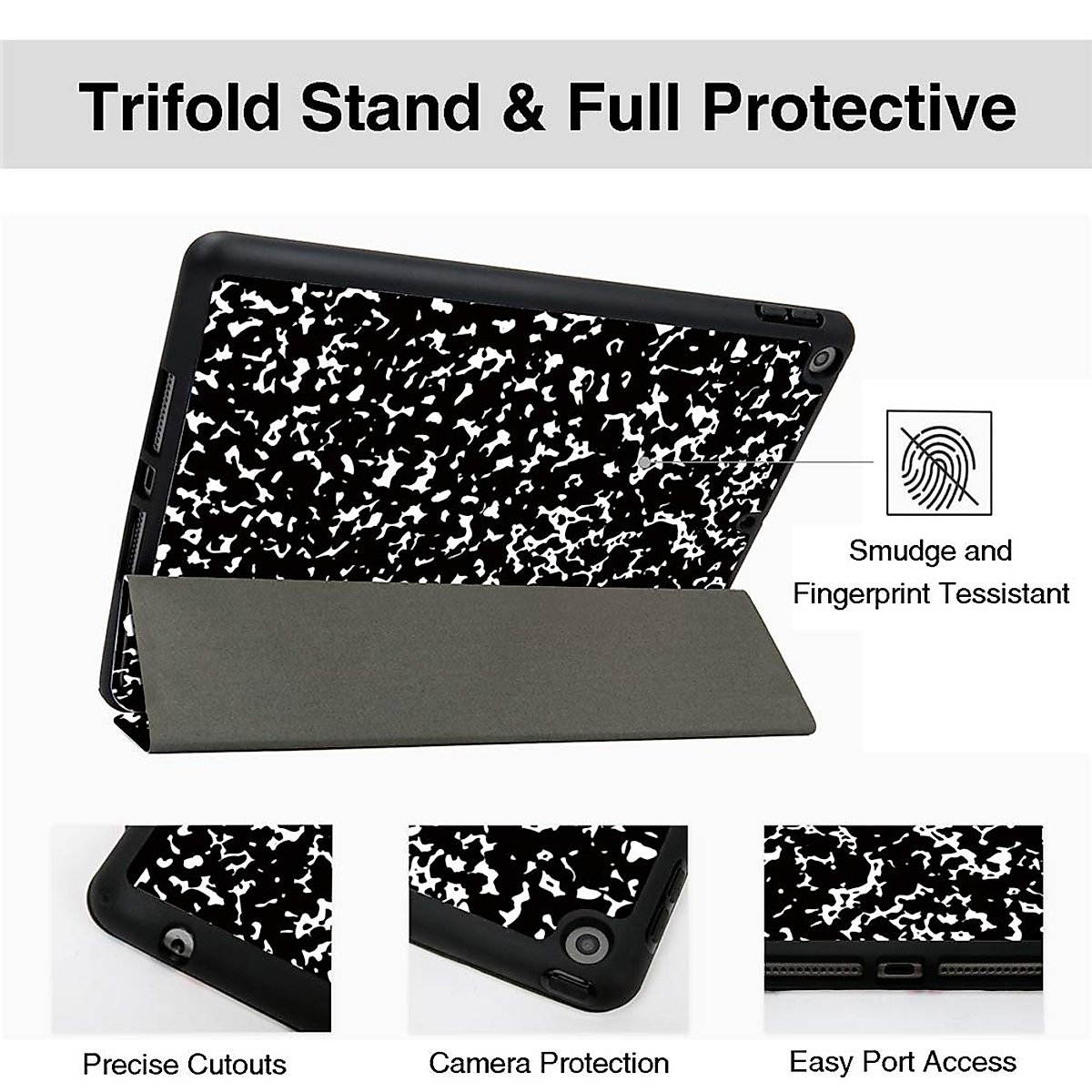 Hi Space for iPad 9th 8th 7th Generation Case for iPad 10.2 Case 2021 2020 2019 Composition Notebook with Pencil Holder, Book Trifold Protective Shockproof Cover with Auto Sleep Wake for A2270 A2428
