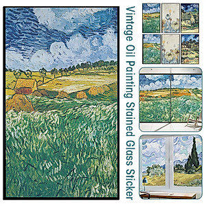 Window Privacy Film Opaque Window Stickers European Style Stained Glass Film Art Village Oil Painting Pattern Frosted Window Stickers PVC Static Cling Privacy Film Decor Glass Window Decals (Color :