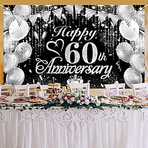 Rumia 60th Anniversary Decorations Black Silver Happy 60th Banner 60th Diamond Wedding for 60th Anniversary, Party 72.8x43.3 inches A818L1B1