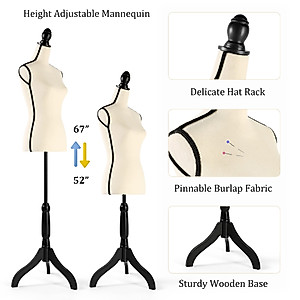 Female Dress Form Mannequin Torso Adjustable Height Mannequin Body with Tripod Stand for Clothing Dress Jewelry Display, Beige