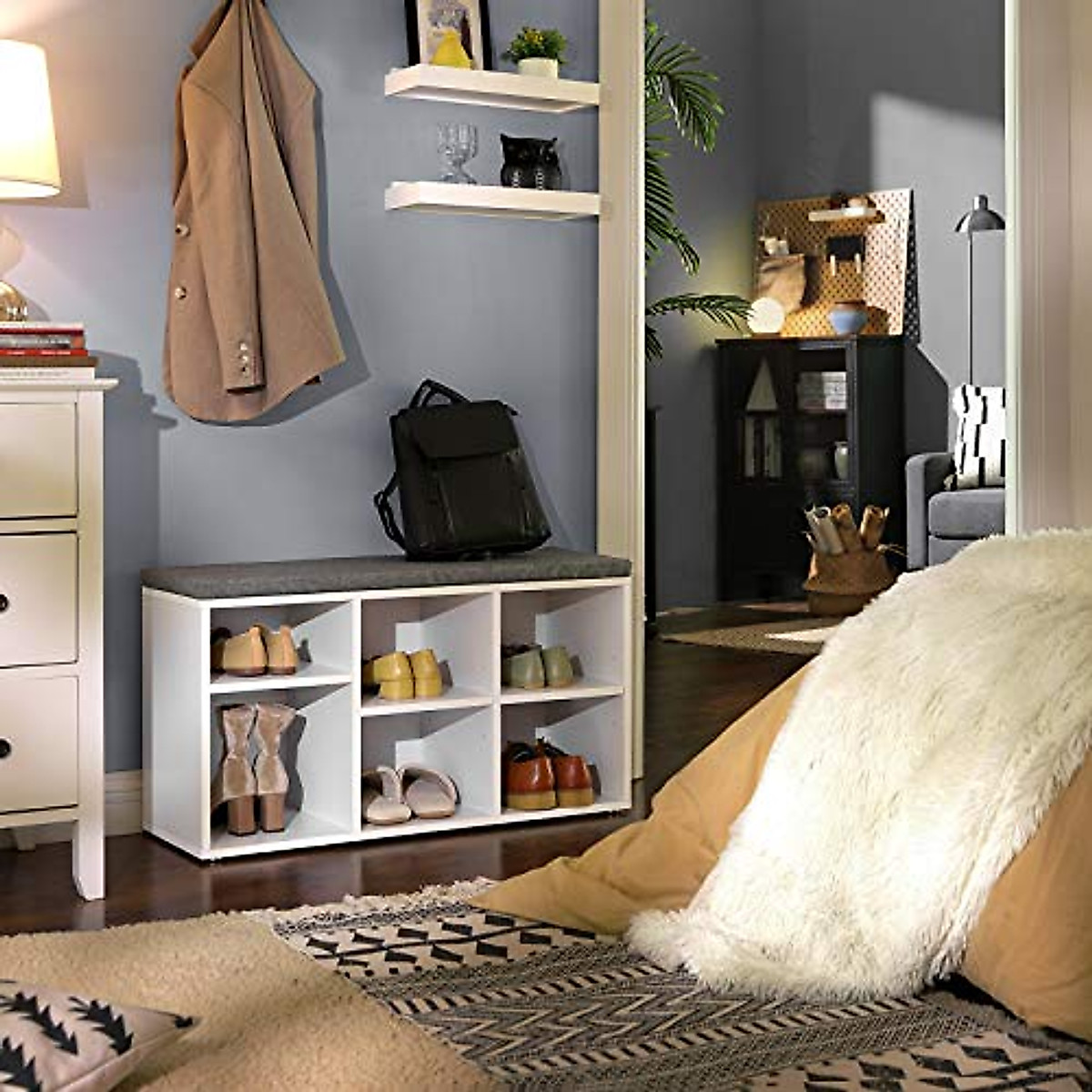 VASAGLE Shoe Bench, Shoe Storage Organizer with 6 Compartments and 3 Adjustable Shelves, Cushioned Seat, Compact and Narrow, for Entryway, Hallway, Closet, White and Gray ULHS23WT