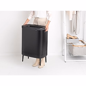 Brabantia Bo Laundry Hamper Hi (Matt Black) 2 Compartment Removable Laundry Bag 2 x 12 Gal, Ventilated Stylish Dirty Clothes Holder, Flat Back, Off-the Ground, Anti-Rust Materials for Bathroom Use