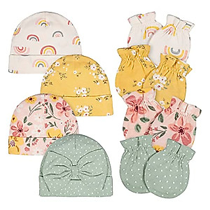 Gerber Baby Girl's 8 9-Piece Cap and Mitten Sets, Golden Floral, Newborn