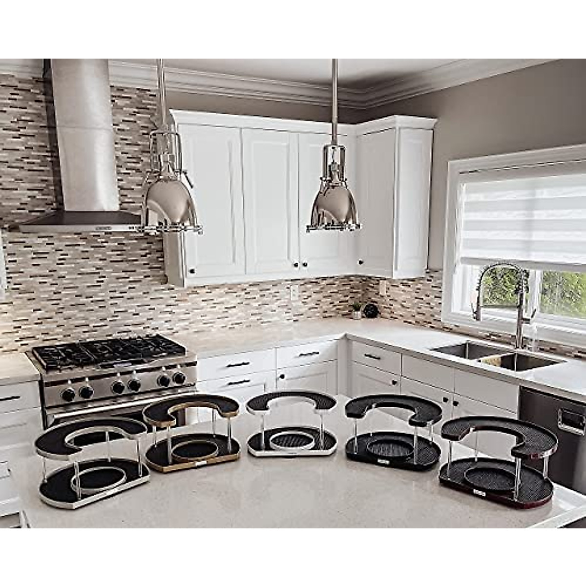Stow-n-Spin Spice Rack Organizer for Cabinet 2 Tier Lazy Susan Organizer Holds 40 Spice Jars with Double Spinner on Bottom Spice Shelf for Kitchen Pantry Organization and Storage Made in USA
