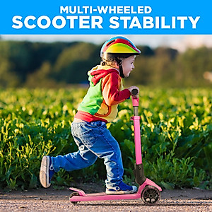 Hurtle 3 Wheeled Scooter for Kids - Foldable Stand Child Toddlers Toy Kick Scooters w/Built-in LED Wheel Lights, Anti-Slip Wide Deck, Adjustable Height, Great for Outdoor Fun -, Pink