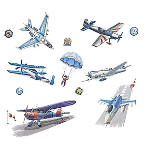 Pinenjoy Vintage Airplane Wall Decals Biplane Parachutist Helipad Wall Art Stickers 33x32.6inch Removable Vinyl Aircraft Wall Clings for Boys Bedroom Kids Nursery Playroom Living Room Decors
