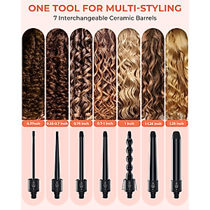 7 in 1 Curling Wand Set: Ohuhu Curling Iron Wand 7Pcs 0.35 to 1.25 Inch Interchangeable Ceramic Barrel Heat Protective Glove 2 Clips Dual Voltage Hair Curler for Girls Women Black