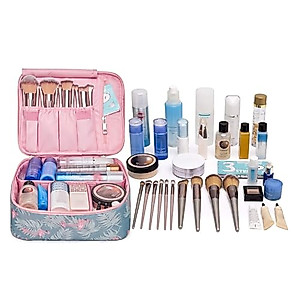 Narwey Travel Makeup Bag with Brush Compartments，Portable Cosmetic Bag，Make up Bag Makeup Organizer Case with Brush Storage for Women (Flamingo)