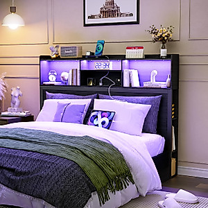 PAKASEPT Queen/Full Headboard Only for Bedroom, Stylish Bookcase Headboard with Charging Station & LED Lights, Headboards with Storage, 4-Tier Bookcase Headboard and Side Storage, Black