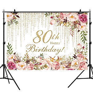 Rsuuinu Happy 80th Birthday Backdrop for Women Flowers Photography Background 80th Birthday Floral Birthday Party Decorations Supplies Favors Cake Table Banner Photo Booth Studio Props 7x5ft