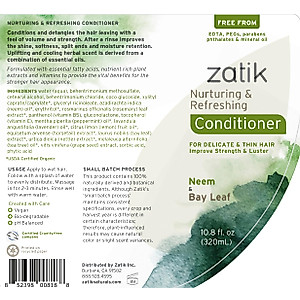 Zatik Naturals - Nurturing and Refreshing Conditioner with Neem and Bay Leaf, for Thinning hair, hair loss, Vegan, Bio-degradable, pH Balanced, FREE FROM EDTA, PEG, Parabens, fragrances, 10.8 fl oz.