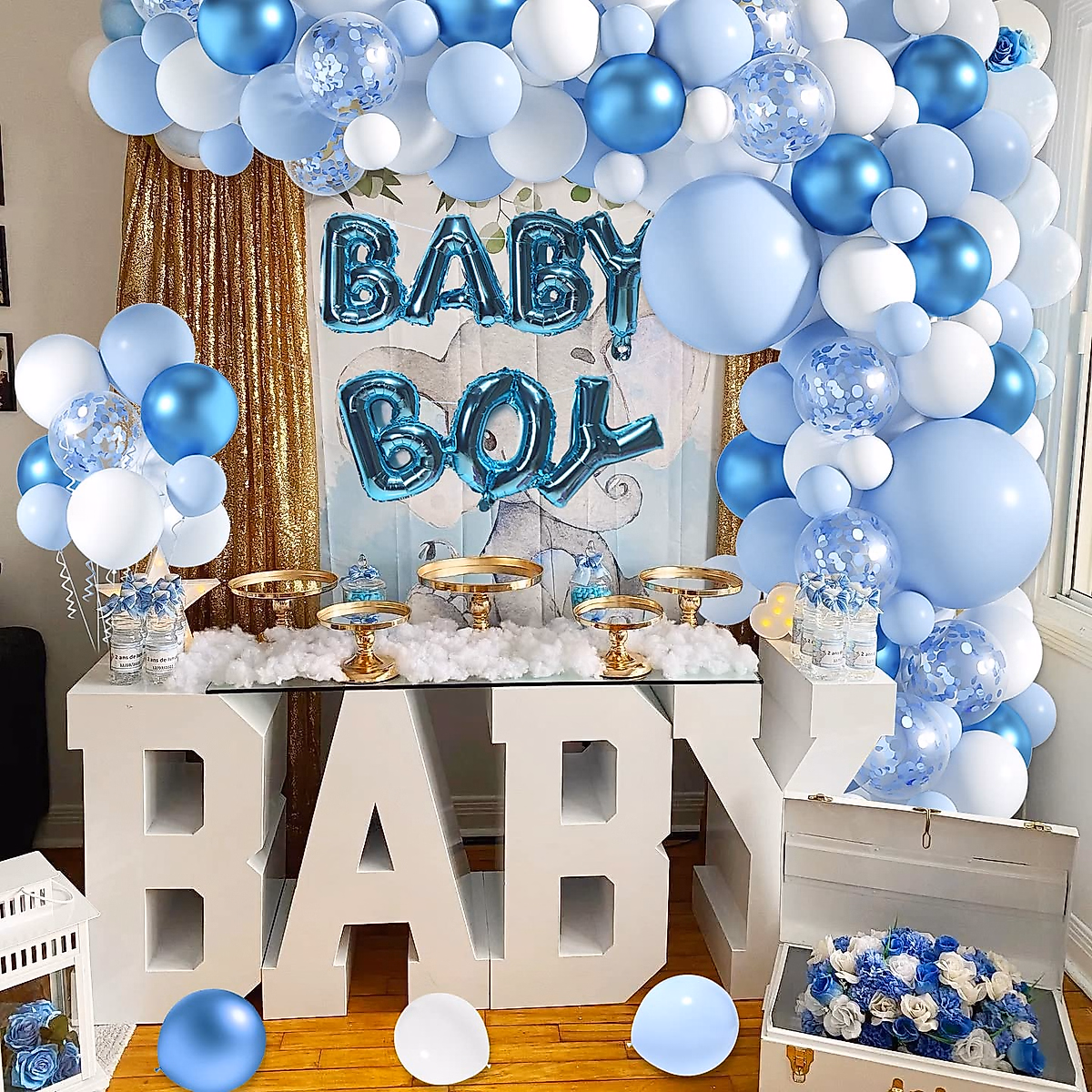 Janinus Blue And White Balloon Arch Garland Kit - Baby Boy Balloons Arch Different Sizes 5 12 18 Inch Blue White Balloons for Boys Baby Shower Decorations Birthday Engagement Party Gender Reveal Decor