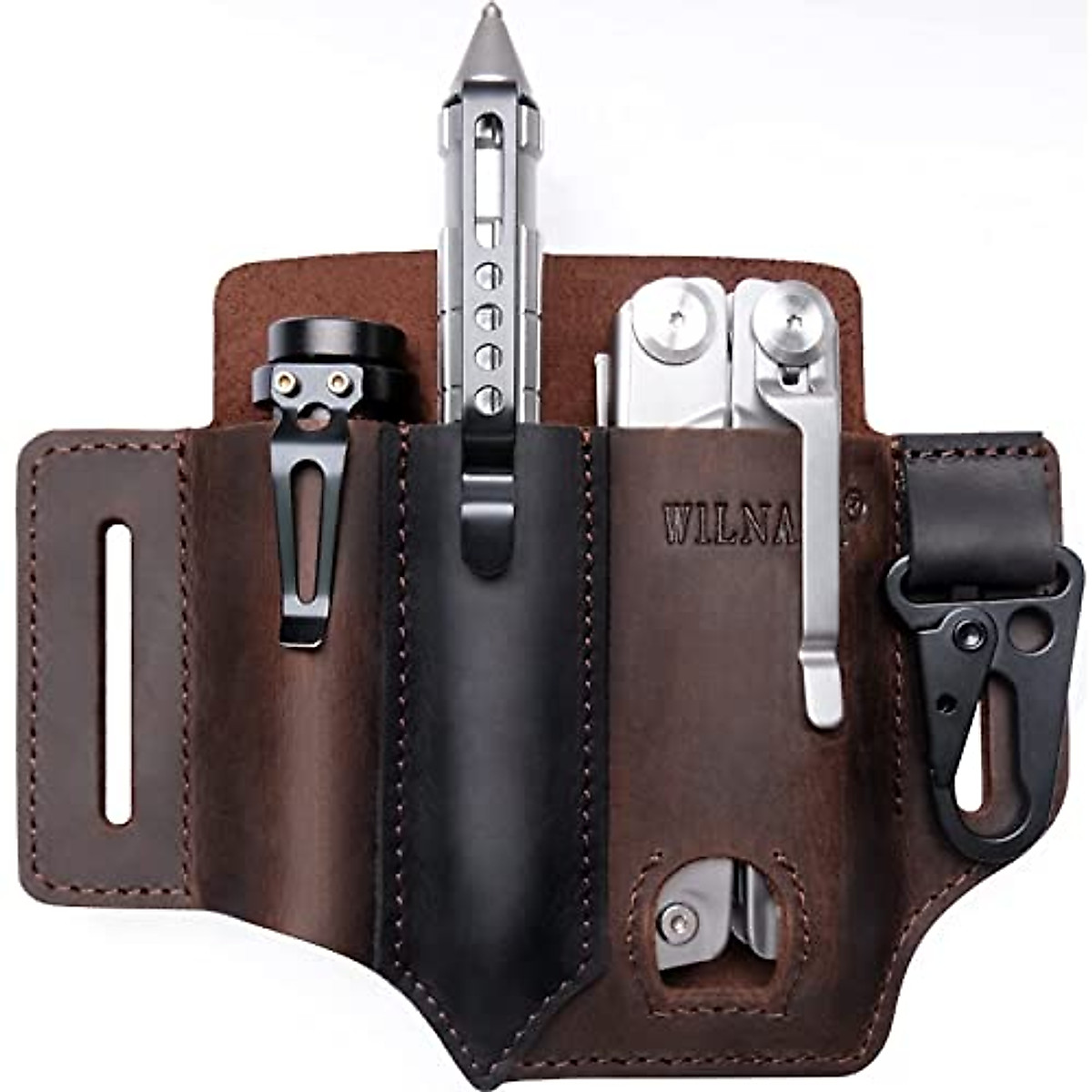 WILNARA Leather EDC Holster Multitool Sheath for Belt, Tactical Pen Holster, Flashlight Holster, Everyday Carry Retro Pocket with Keychain, Handy & Durable(Dark Brown)