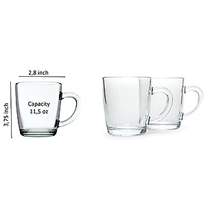 Clear Glass Coffee mugs, 11.5 Ounces- Glass Coffee Cups with Handle, Cappuccino, Espresso, Tea, Latte Cups, Cups for Drinking Hot Beverages, Large Capacity, 2 Pack (Clear)