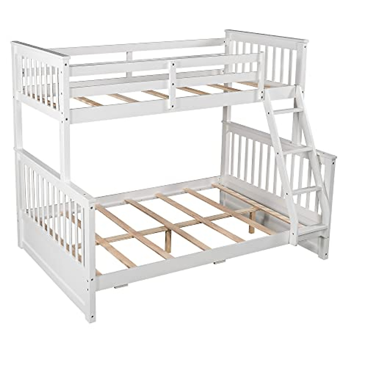 JJRY Twin-Over-Full Bunk Bed can be Divided into Two Individual beds, Wood Bed Frame with Inclined Ladder and Two Storage Drawers (White)