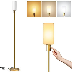 XMEYE Gold Floor Lamp for Living Room and Bedroom, Touch Control 3 Colors Modern Brass Standing Lamp, Minimalist Tall Floor Lamp with Jade Matte Glass Shade ( 9W LED Bulb Included)