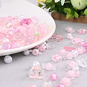 sjavocado 130pcs Acrylic Assorted Beads Flower Heart Butterfly Candy Beads Pastel Loose Beads Round Beads Bulk for Bracelets Jewelry Making DIY Plastic Crafts(Pink)