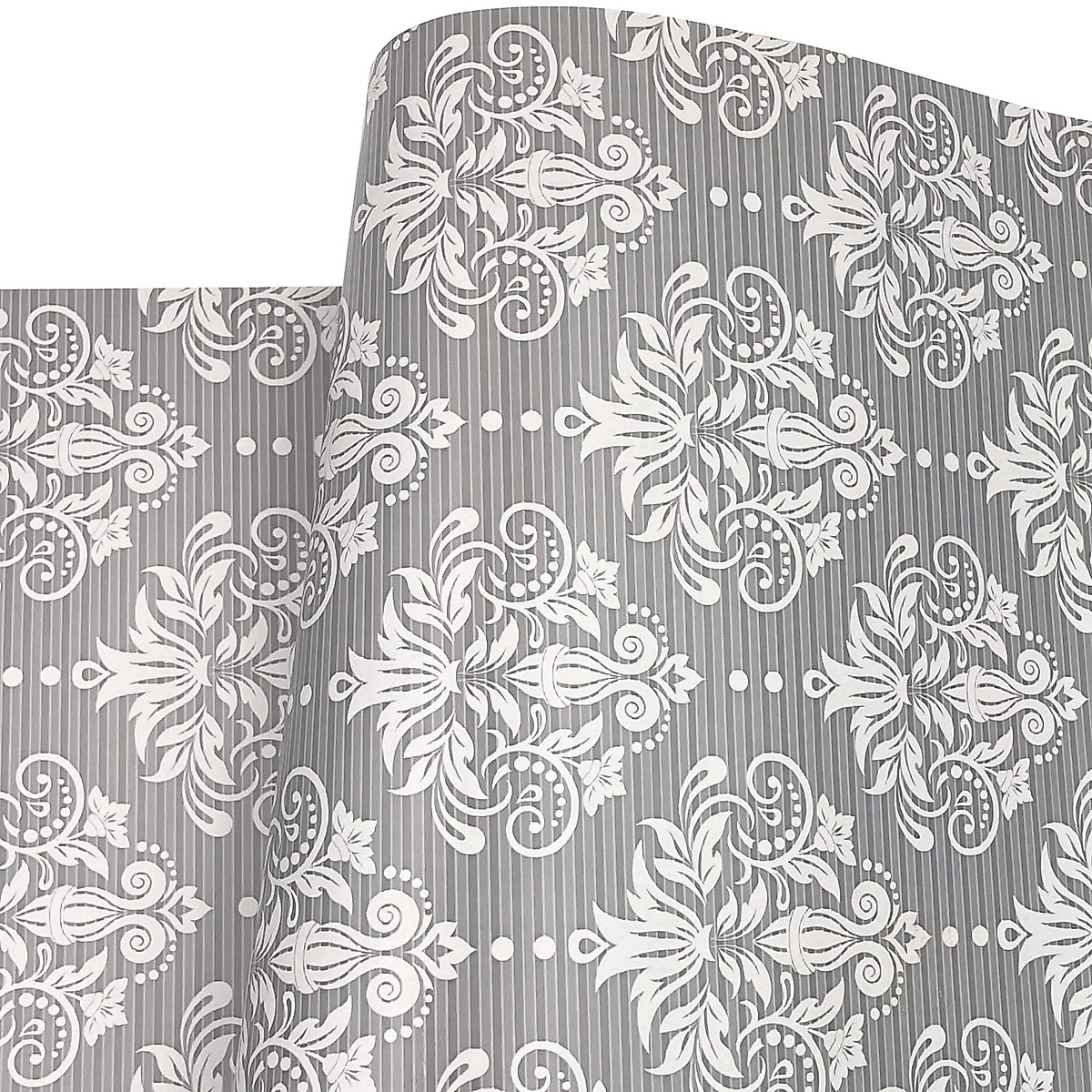 Yifely Gray-White Damask Shelf Liner Peel & Stick PVC Drawer Paper Covering Apartment Old Cabinets Shelves 17.7 Inch by 9.8 Feet Removable Countertop Decor