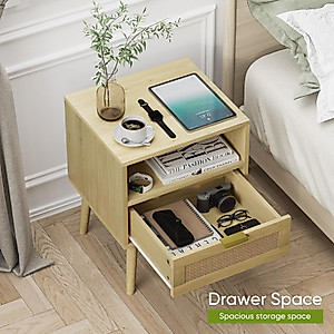 Smart FENDEE Rattan Nightstand, Boho Side Table with Drawer Open Shelf, Wood Accent Bedside End Table for Small Places, Bedroom, Natural Oak
