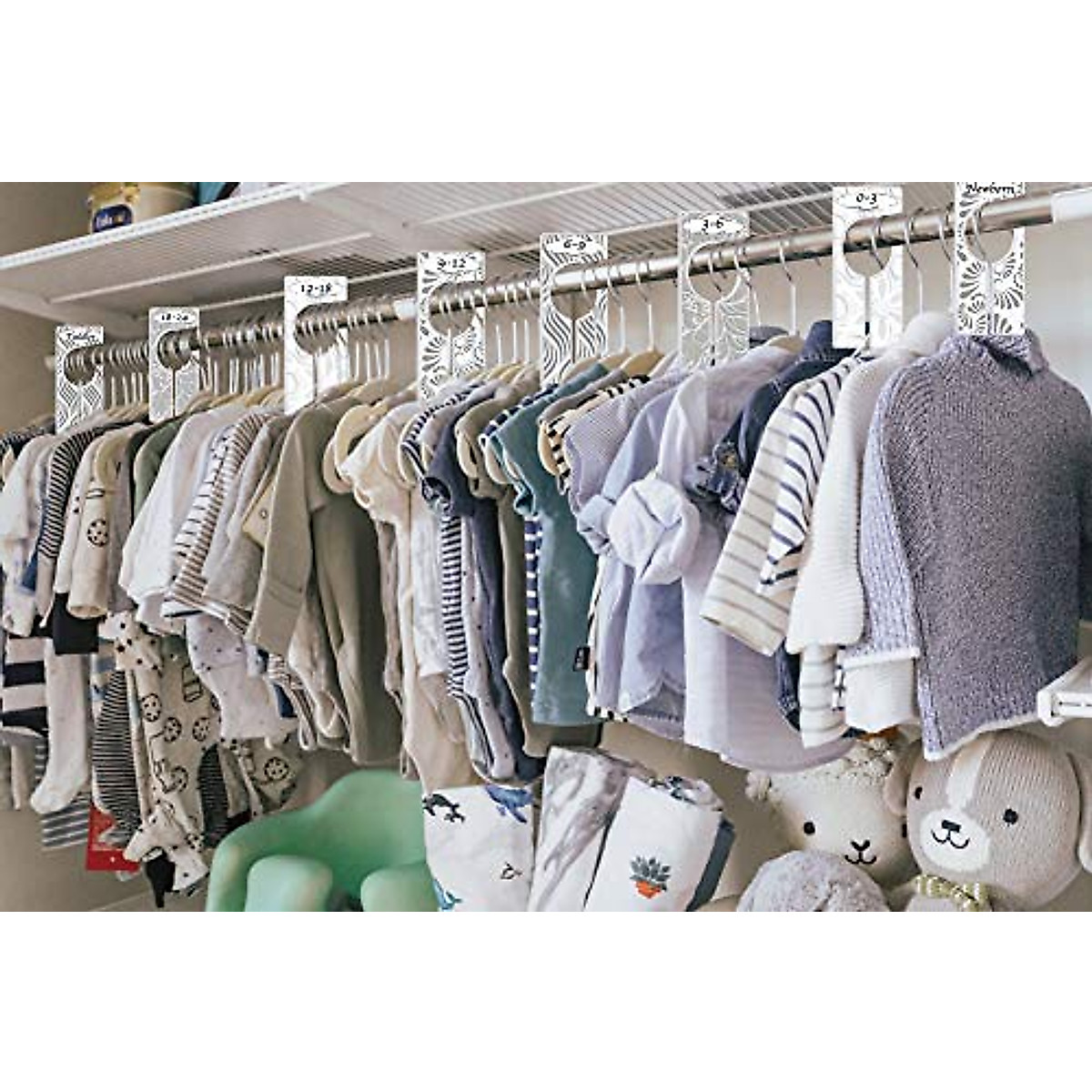 Closet Dividers for Baby Clothes by YardieBaby - Set of 8 Baby Clothing Size Age Hanger Dividers from Newborn Infant to Toddler Months Boys/Girls Nursery Closet Organizer (Neutral)