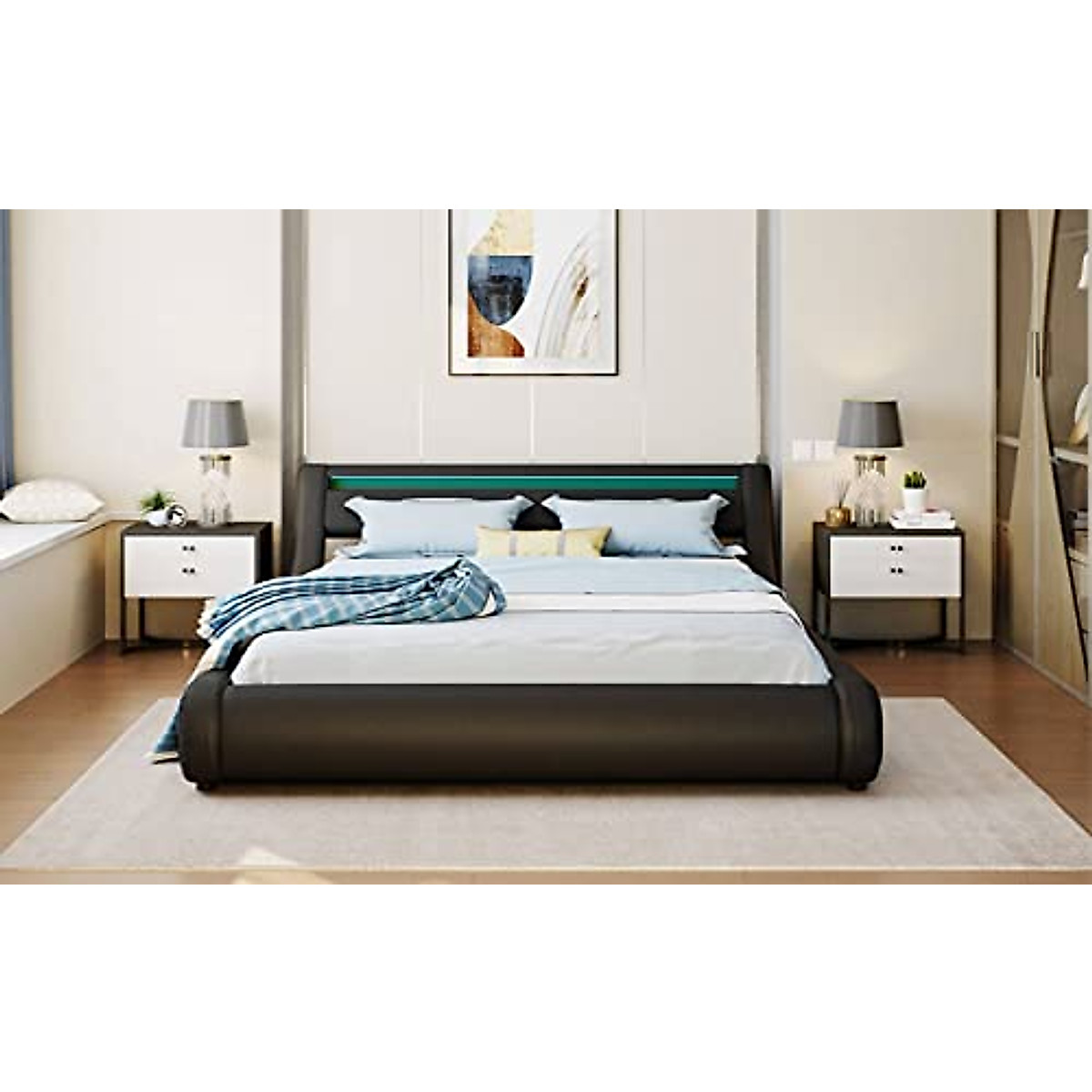 Epinki Black Upholstered Faux Leather Platform Bed with a Hydraulic Storage System with Led Light Headboard Bed Frame with Slatted Queen Size